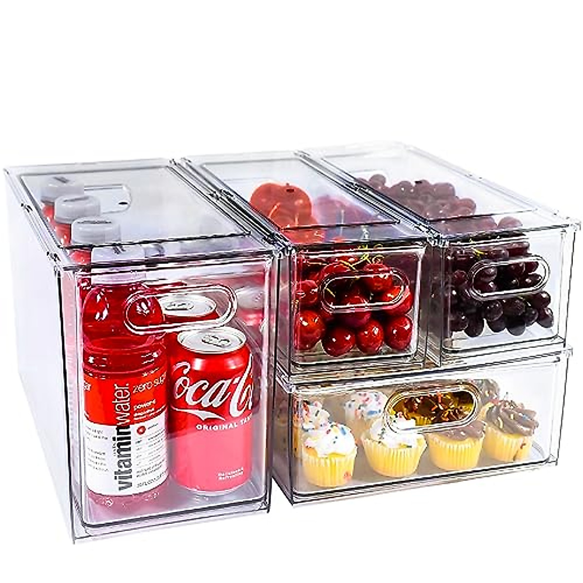 NuSaile Stackable Refrigerator Organizer Bins Pull Out Drawers with Handles - Vegetable and Fruit Storage Containers for Fridge - Kitchen Food Storage Bins - 9L+6L with Dividers+3L+3L (4 PC Set)