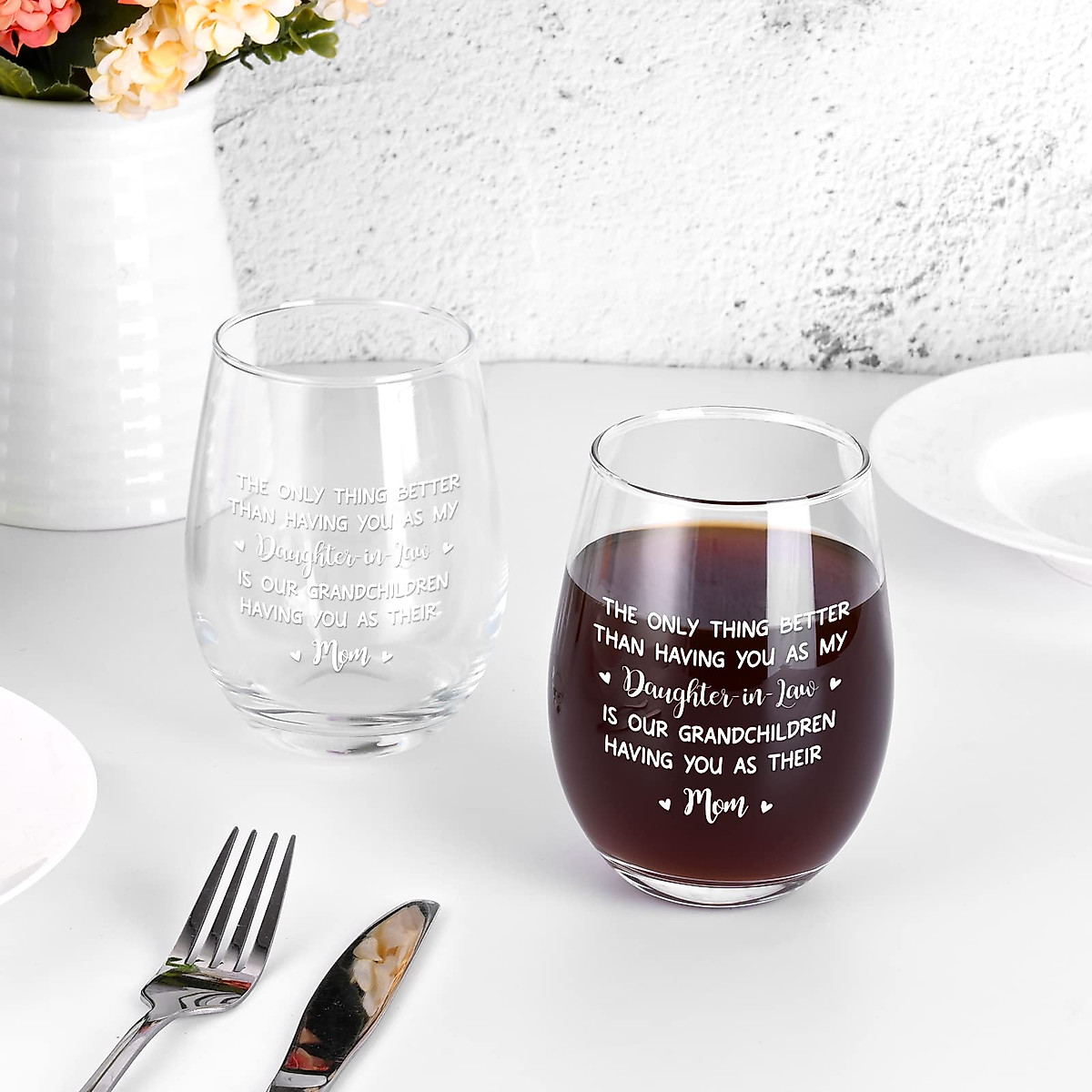 Modwnfy Mothers Day Gifts, Daughter in Law Gifts for Christmas Mothers Day Birthday Wedding from Mother in Law, Only Thing Better Than Having You As My Daughter in Law Stemless Wine Glass, 17 Oz