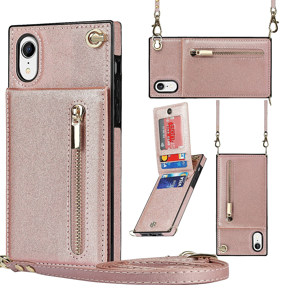 Jaorty Crossbody Phone Case for iPhone XR Case with Card Holder for Women,iPhone XR Case Wallet with Strap Lanyard for Men,PU Leather Magnetic Clasp with Kickstand 6.1", Rosegold
