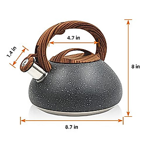 Tiilan Whistling Tea Kettle, Tea Pot for Stovetop - Stainless Steel, Wood Grain Handle, with Spout - 2.7 Quart/3 Liter, Gray