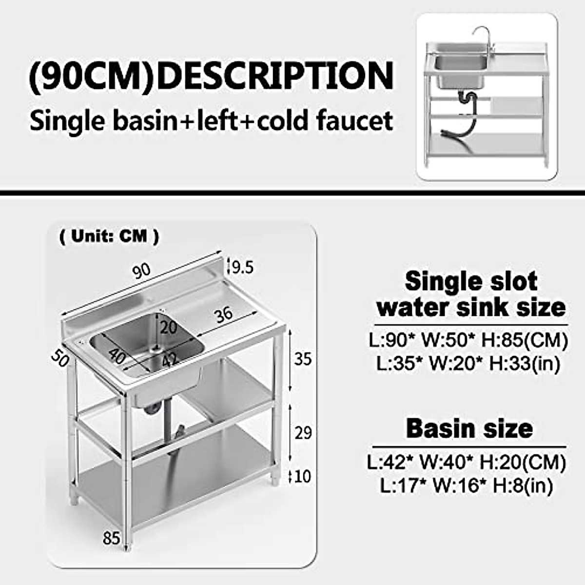 Commercial sink with storage rack,Outdoor utility garage sink with faucet,Indoor kitchen Stainless Steel sink,1 Compartment,Industrial station laundry & utility room sinks,for restaurant,Basement. (