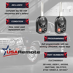 Key fits Ford Edge Escape Expedition Explorer Flex Five Hundred Focus Fusion Mustang Taurus Navigator Keyless Entry Remote Fob (OUCD6000022), Set of 2 - Guaranteed to Work