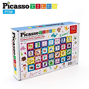PicassoTiles Magnetic Building Blocks with Tiles and Educational Artwork Graphic Click-in Inserts Magnet Construction Toy Set STEM Learning Kit Playset Child Brain Development PT56