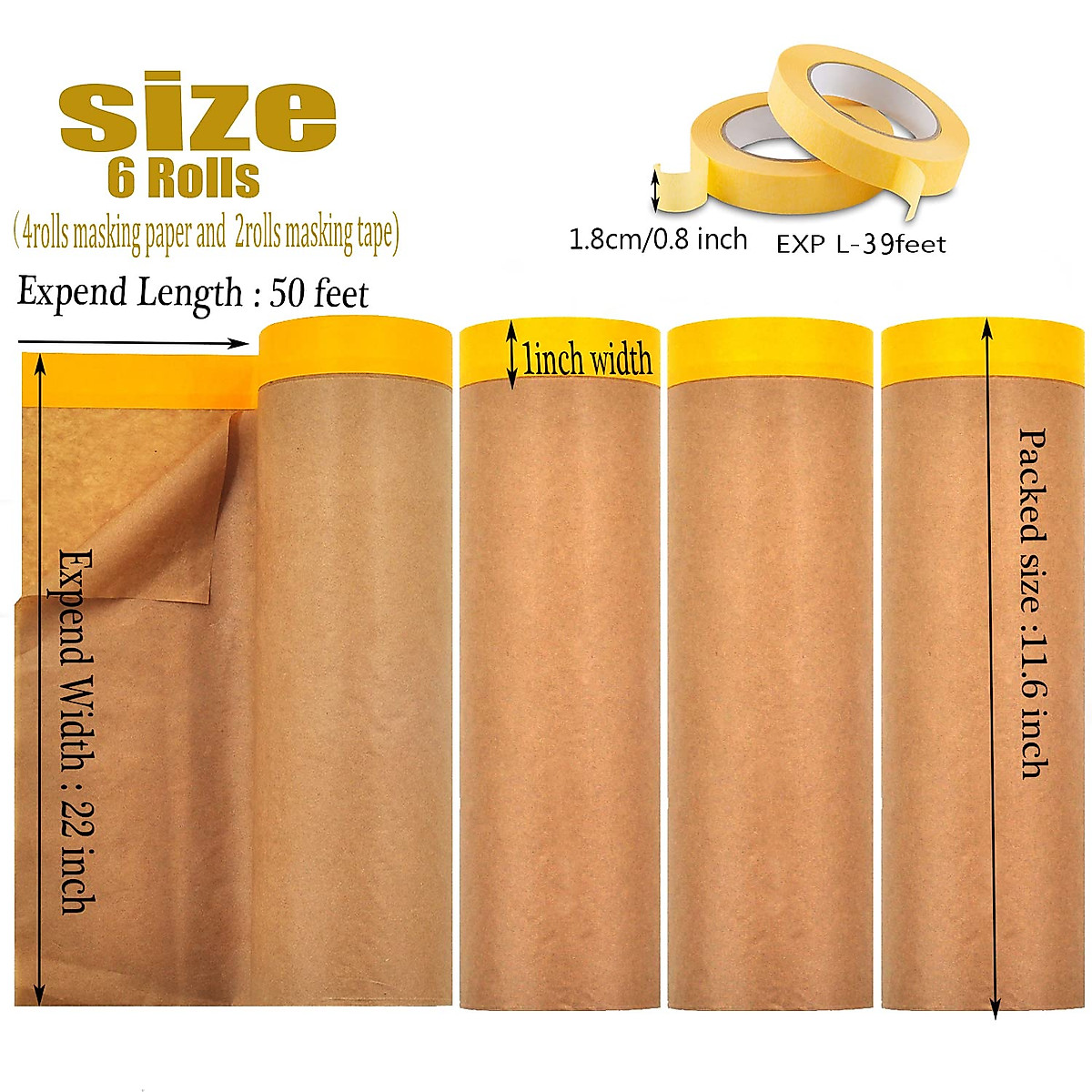 Pre-Taped Paint Masking Paper and Masking Tape Sets,4 Rolls 22inch-50feet Painters Paper and 2 Rolls Painters Tape, Automotive Paint Paper, Tape and Drape Waterproof for Painting Protection Covering