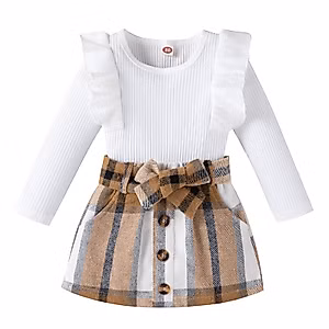 Yccutest Toddler Baby Girl Skirt Outfit Long Sleeve Ruffle Shirt Top Mini Skirt Set 2Pcs Kids Little Girl Clothes Fall Winter (White,18-24 Months)