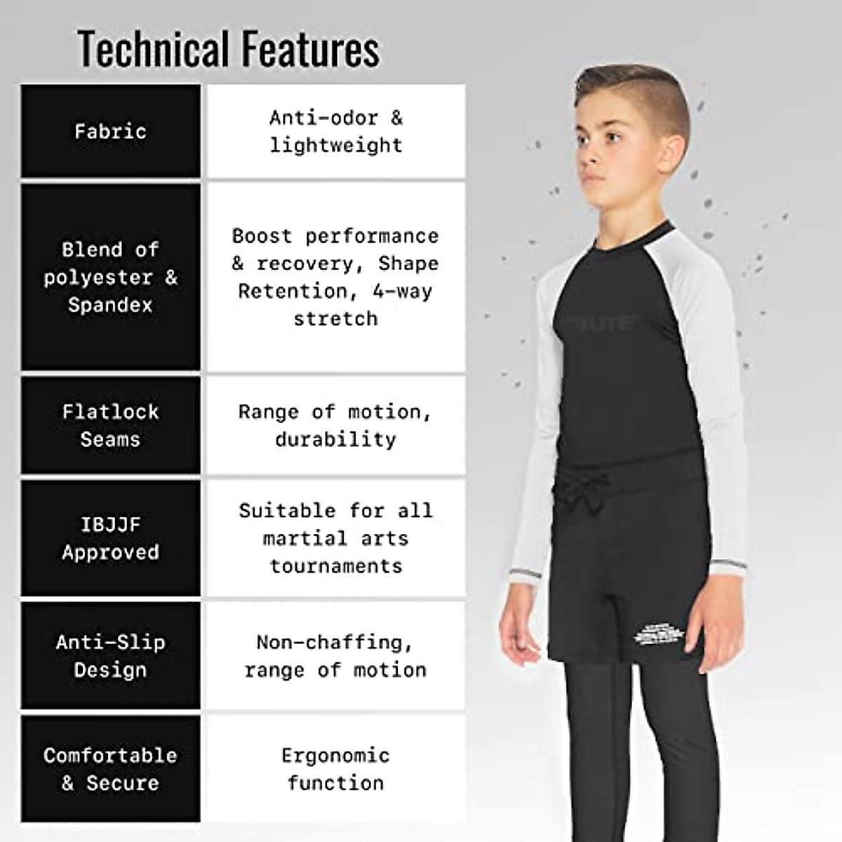 Elite Sports Rash guards for boys and girls, full sleeve compression BJJ kids and youth rash guard (White, Large)
