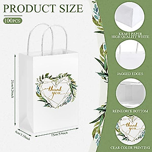 100 Pieces Small Thank You Gift Bags with Handles Baby Shower Party Bags Greenery Paper Goodie Bags Gift Wrap Bags for Business, Boutique, Birthday, Gifts, Wedding Favors, 5.91 x 3.15 x 8.27 Inch