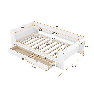 Harper & Bright Designs Twin Size Daybed with 2 Storage Drawers and Charging Station, Wood Twin Platform Bed Frame with USB Ports and Shelves, Twin Storage Bed for Kids Boys Girls Teens Adults,White