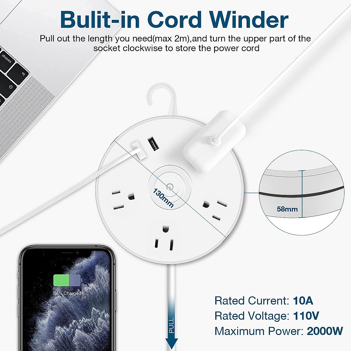 Retractable Power Strip, QWOZUEO 5 Ft Extension Cord, Power Strip Surge Protector with 4 Outlet 2 USB Ports and Hook, 2000 Joules USB Wall Charger, Portable Travel Power Strip for Home, Office, Hotels
