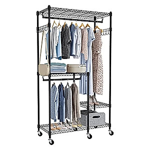 tonchean Rolling Wire Garment Rack Heavy Duty Clothes Rack for Hanging Clothes Freestanding Clothing Rack Closet Wardrobe Rack with Shelves and Wheels