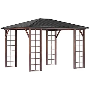 Outsunny 10' x 12' Hardtop Gazebo with Galvanized Steel Roof, Wood Grain Steel Frame, Heavy Duty Permanent Pavilion Outdoor Gazebo, for Garden, Patio, Backyard, Deck, Lawn