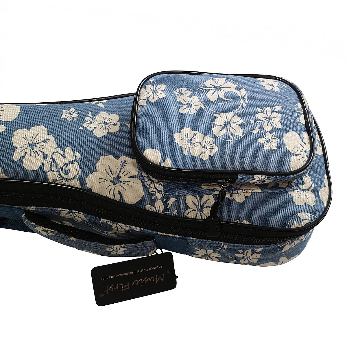 MUSIC FIRST Original Design 0.5" Thick Padded Hawaii Style “Blue and White Plumeria” Canvas Ukulele Case, Ukulele Bag, Ukulele Cover,(Fit for 26~27 inch Tenor Ukulele)
