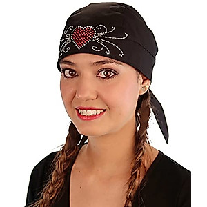 Black Skull Cap with Red Heart & Swirls Rhinestud - American Made Embellished Classic Skull Cap - Skull Cap Doo Rag Do Rag Headwrap - Made in USA!