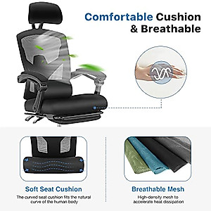 Ergonomic Office Chair, High Back Office Chair with Lumbar Pillow and Retractable Footrest, Mesh Office Chair with Padded Armrests and Adjustable Headrest, Swivel Rolling Chair, Height Adjustable