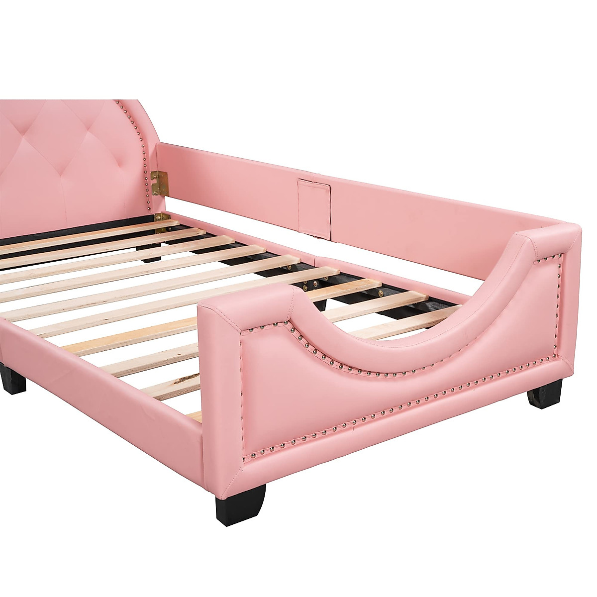 Upholstered Twin Daybed Frame for Kids, PU Leather Twin Platform Bed with Carton Ears Shaped Headboard, Wood Twin Sofa Bed for Girls Boys, No Box Spring Needed, Pink