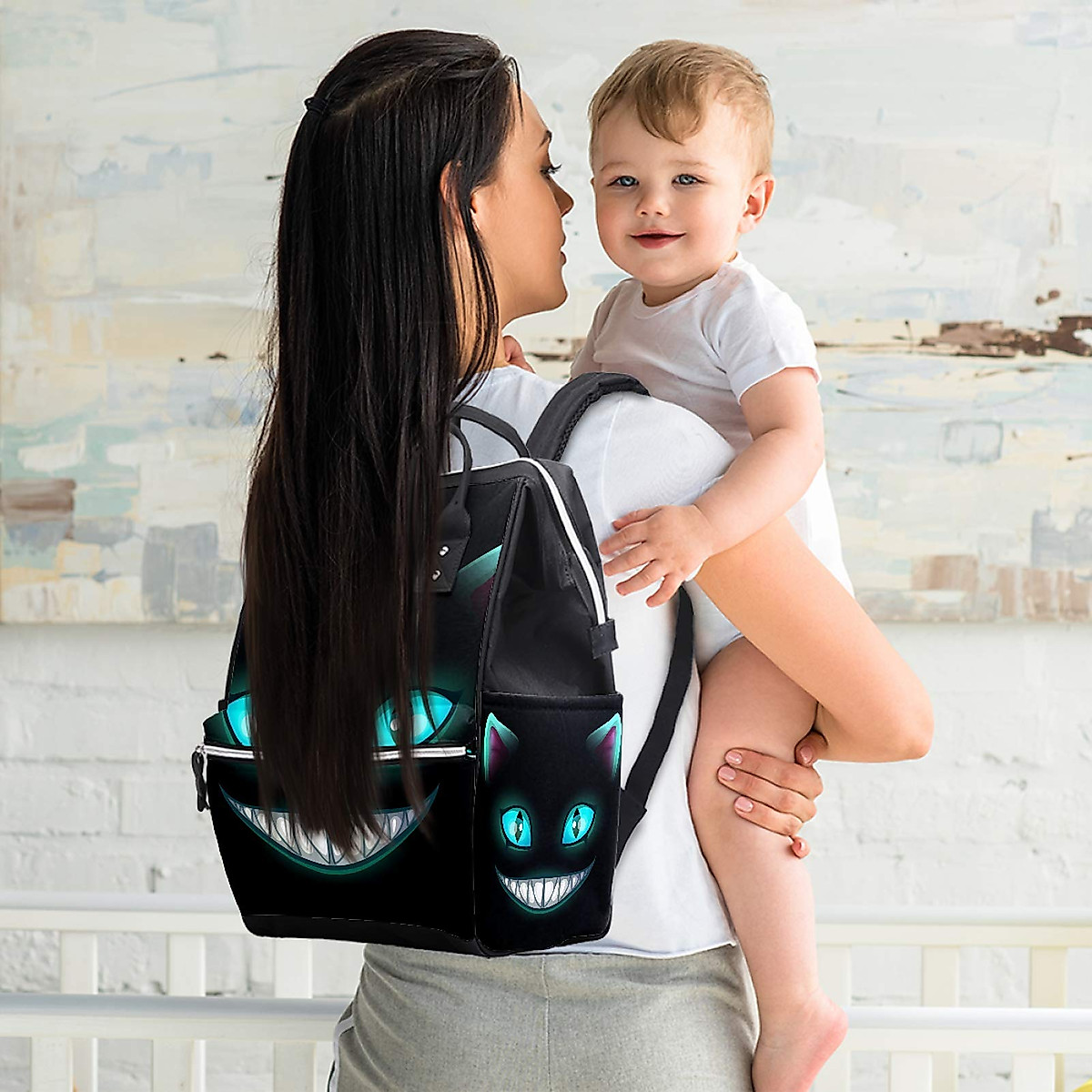 Inhomer Scary Cheshire Cat Vampire Face Diaper Bag Travel Mom Bags Nappy Backpack Large Capacity for Baby Care