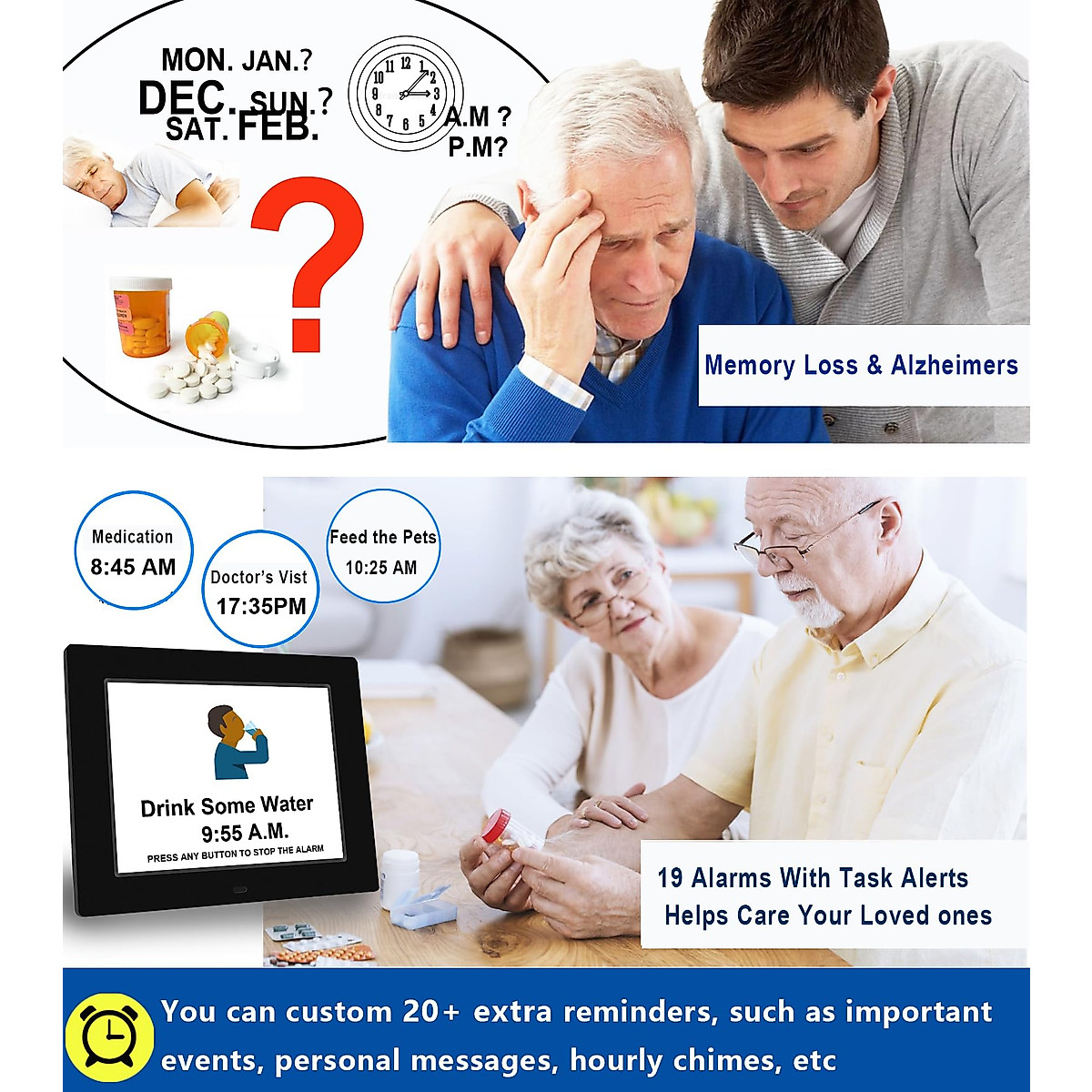 【Upgraded】 Dementia Clock 2.0 with Auto DST, Large 8" Display, 19 Alarms, DIY Custom Reminders,10 Auto-Dim Options, Non-Abbreviated Digital Clock for Elderly, Memory Function (8 Inch with Remote)