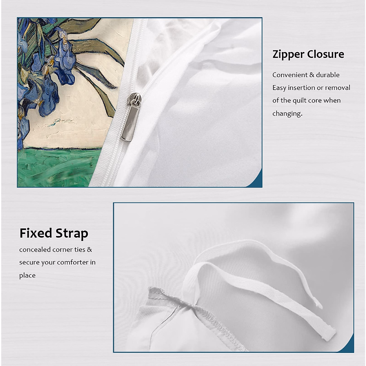 RIVINE Impressionism Style Duvet Cover Set 3 Pieces Blooming Irises, 1890 Breathable Bedroom Bedding Set with 2 Pillow Shams 4 Ties Zipper Queen