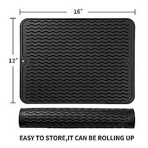 MicoYang Silicone Dish Drying Mat for Multiple Usage,Easy clean,Eco-friendly,Heat-resistant Silicone Mat for Kitchen Counter or Sink,Refrigerator or drawer liner Black L 16 inches x 12 inches
