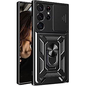 CCSmall Case for Samsung Galaxy S23 Ultra (Not S23) with Slide Camera Cover, Military Grade Drop Protective Phone Cover Case with Ring Kickstand for Samsung Galaxy S23 Ultra 5G SJ Black