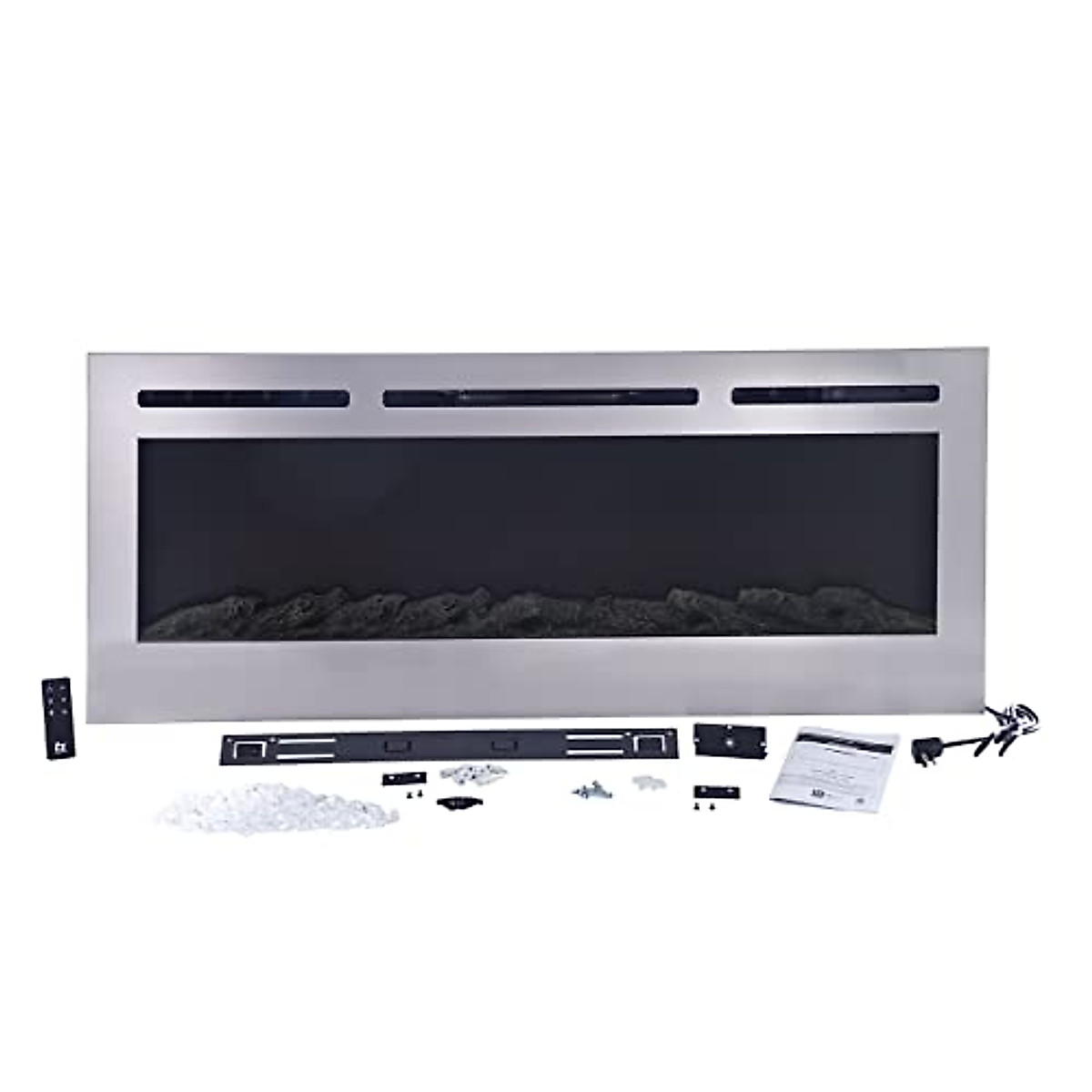 The Sideline Deluxe™ by Touchstone - Stainless Steel Electric Fireplace - 50 Inch Wide - in Wall Recessed - 5 Flame Settings - Multiple Color Flame - 1500W Heater - Log & Crystal Hearth Options- 86273