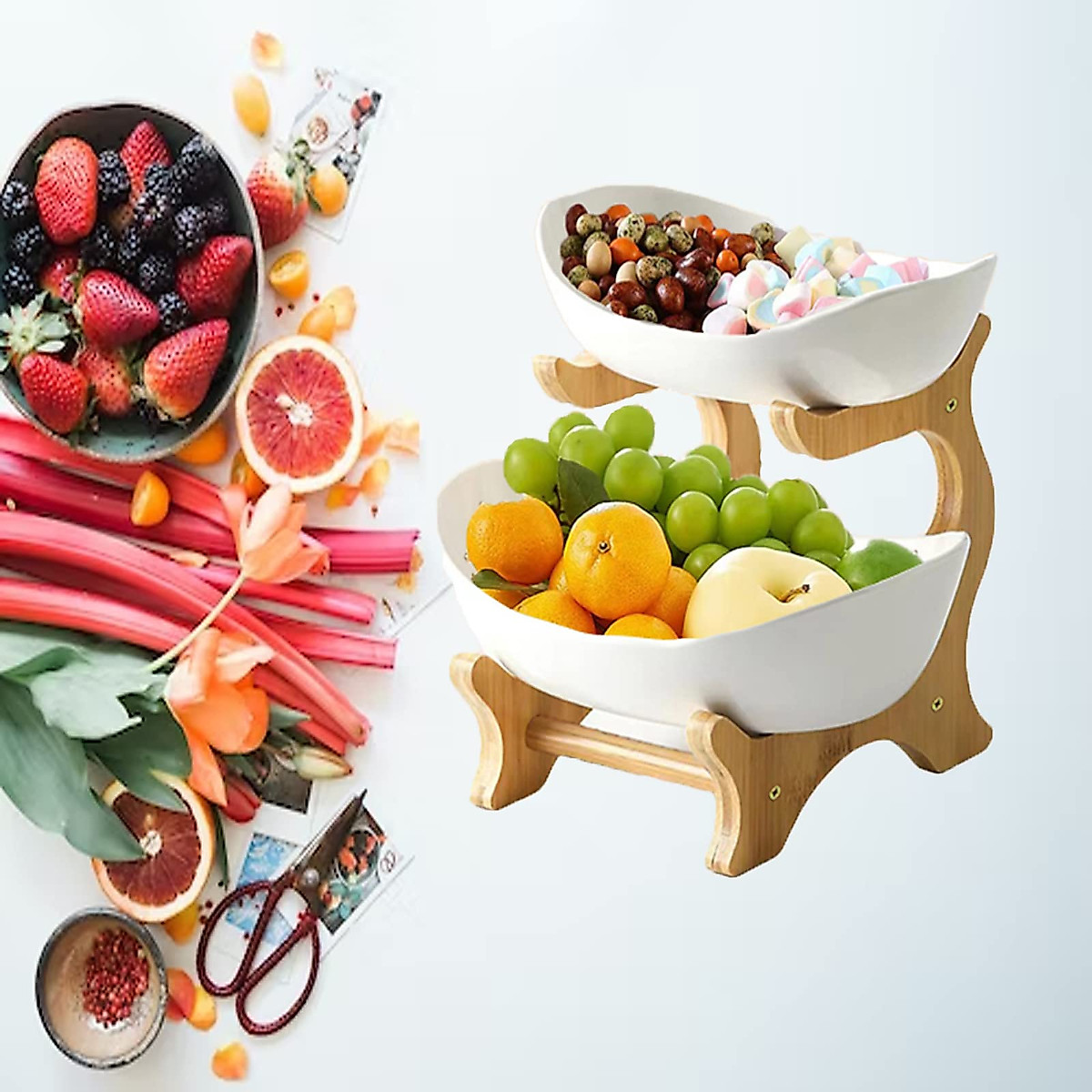 KOXAME 2 Tire Fruit Bowl, Large Fruit Basket for Kitchen Counter, Ceramic Berry Basket with Bamboo Stand, Use for Fruit and Vegetable Storage, Snacks Desserts Nuts Bread Candy Tray Holder, White