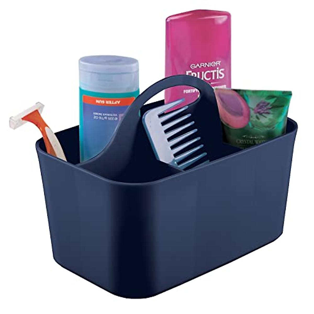 mDesign Small Plastic Shower/Bath Storage Organizer Caddy Tote with Handle for Dorm, Shelf, Cabinet - Hold Soap, Shampoo, Conditioner, Combs, Brushes, Lumiere Collection, Navy Blue