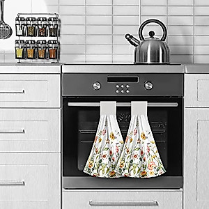 Wild Flowers Hanging Tie Towels Set 2 Pcs Summer Spring Floral Kitchen Hand Towel Absorbent Soft Coral Velvet Tea Bar Dish Dry Cloth for Kitchen Bathroom