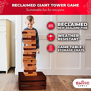 SWOOC Games - Reclaimed Giant Tower Game (Weather Resistant) 60 Blocks + Storage Crate/Outdoor Game Table | Stacks up to 5ft | Giant Outdoor Games for Adults | Large Yard Games | Jumbo Lawn Games