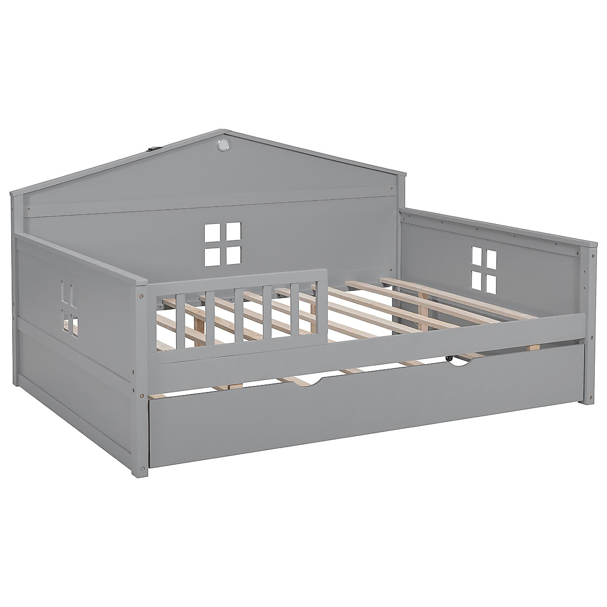 Merax Full Size Wooden Daybed with Trundle and Sensor Light, House Shaped Daybed for Kids, Boys and Girls, No Box Spring Needed, Grey