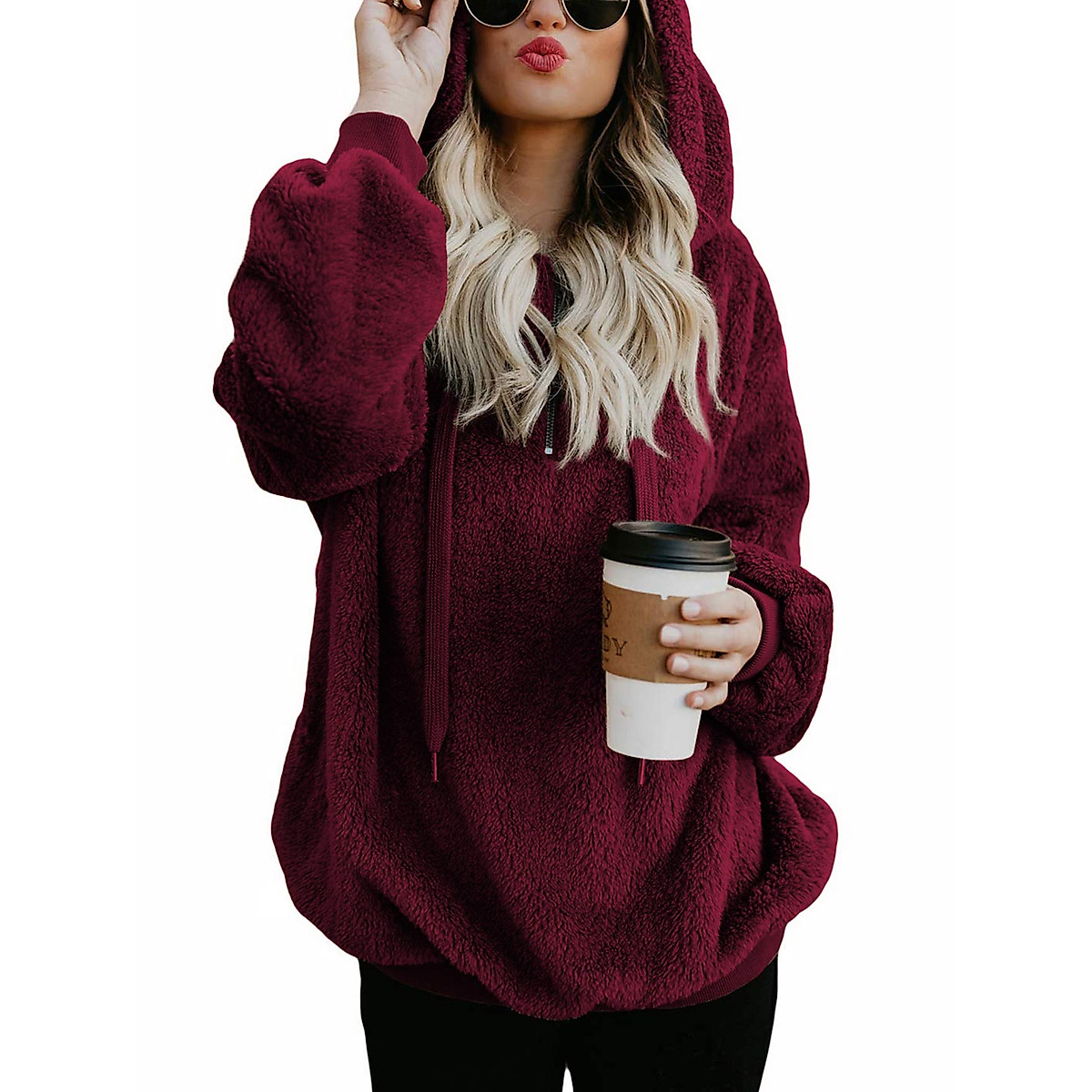 American Trends Oversized Sweatshirts for Women Athletic Womens Sherpa Hoodie Fluffy Women's Hoodies Pullover with Pockets Burgundy X-Large