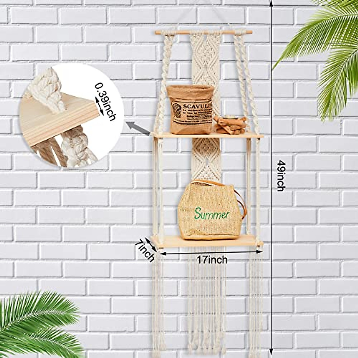 Macrame Wall Hanging Shelf, 2 Tier Boho Wall Shelves with Handmade Woven Rope, White Hanging Wall Shelf Bedroom Decor Wooden Hanging Storage Floating Shelves for Kitchen Living Room