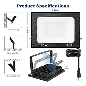 2 Pack LED Flood Lights Outdoor 100W with Plug 10,000LM Super Bright LED Work Light IP66 Waterproof Outdoor Security Plug in Outside Light 5000K Daylight White Floodlight for Yard Garden Garage House