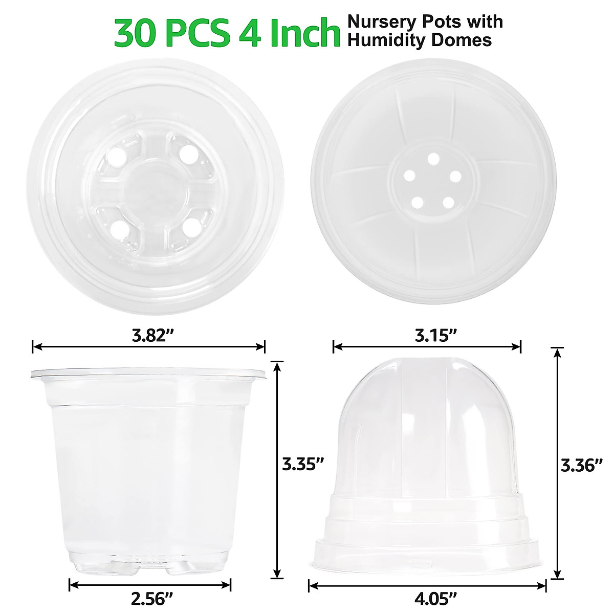 Bonviee 30 Sets Plant Nursery Pots with Humidity Domes, 4 Inch Clear Nursery Pots (30 Pots + 30 Clear Lids), Seed Starter Pots Small Planter Containers with Drain Holes with 10 Plant Labels- Clear