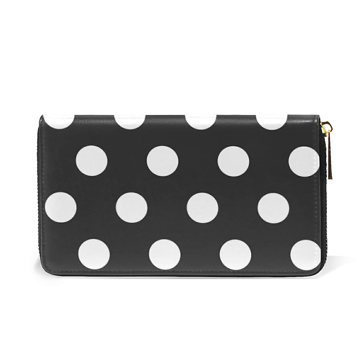 Seamless White Polka Dots on Black Dark Leather Long Wallet Organizer with Zipper Purse Clutch Bag for Women Men