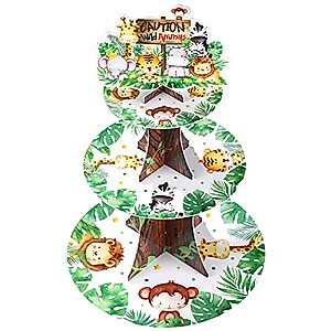 Safari Cupcake Sand 3 Tier Jungle Theme Baby Shower Decor Woodland Cupcake Holders Decorations Forest Wild Animals Theme Dessert Tower for Kids Birthday Party Supplies