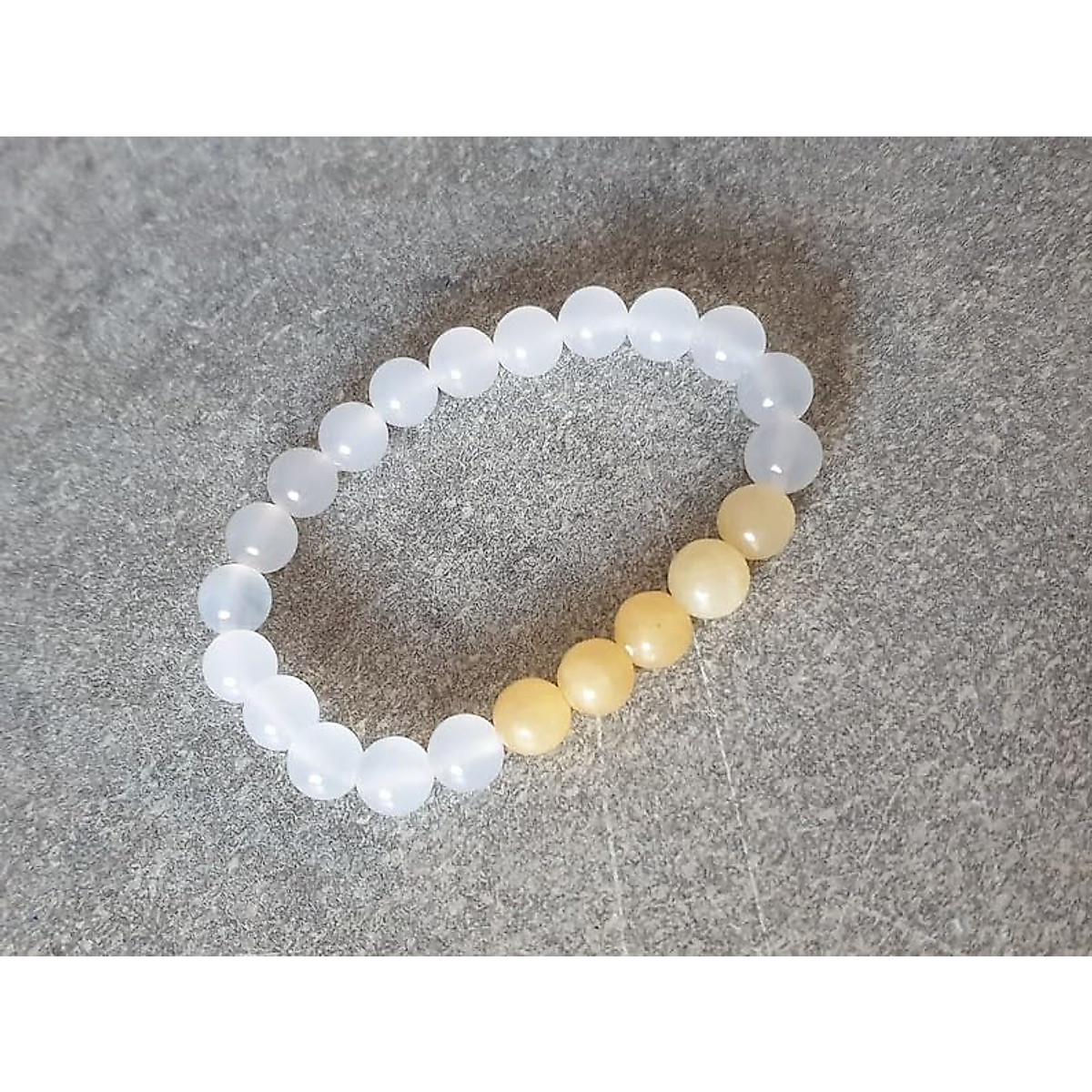 LKBEADS Natural White Agate & Yellow Jade 8mm rondelle smooth 7inch Semi-Precious Gemstones Beaded Bracelets for Men Women Healing Crystal Stretch Beaded Bracelet Unisex