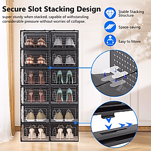 Fkprorjv 12 Pack Large Shoe Storage Box Organizer for Closet, Versatile Clear Plastic Stackable Sneaker Shoe Rack Containers Bins Holders, Portable Closet Organizers and Storage, Black