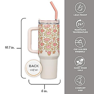 Christian Art Gifts Extra Large Stainless Steel Double Wall Vacuum Insulated Travel Tumbler for Women: Be Still Inspirational Scripture, Lid, Reusable Straw, Wide Handle, White & Pink Floral, 40 oz.