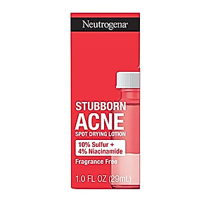 Neutrogena Stubborn Acne Spot Drying Lotion, Fragrance-Free Sulfur Acne Treatment Clears Acne By Drying Up & Shrinking Pimples, Paraben- & Oil-Free, 10% Sulfur & 4% Niacinamide, 1.0 fl. oz