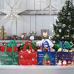 12 Pack Large Christmas Gift Bag Reusable Tote Bags with Handle, Non-Woven Grocery Shopping Totes Santa Claus Snowman Reindeer Bag for Holiday Xmas Event Party, 12.2" x 9.8" x 4.5"