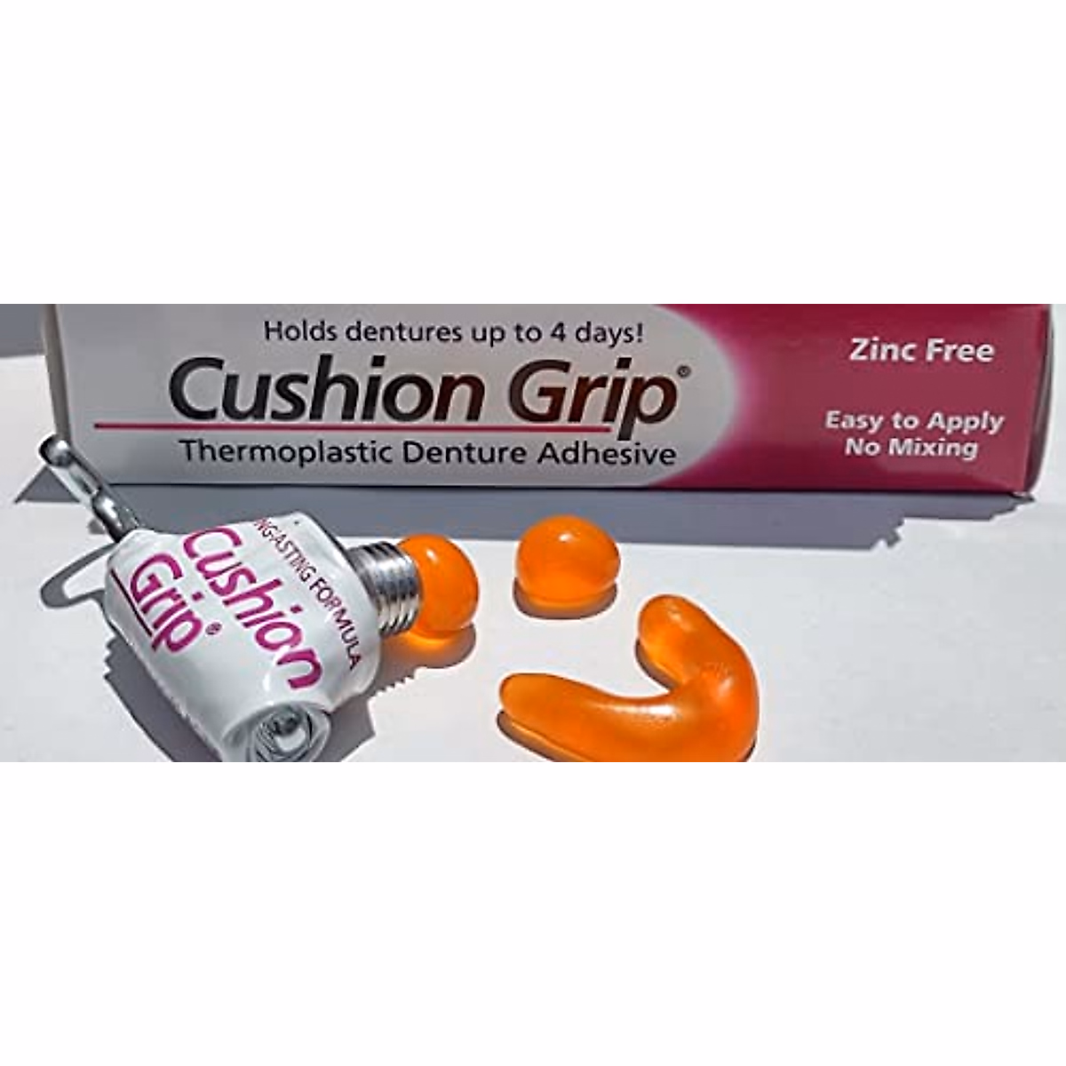 Cushion Grip Thermoplastic Denture Adhesive for Refitting and Tightening Loose Dentures [Not a Glue Adhesive, Acts Like a Soft Reliner] (1 Oz) Hold Dentures for Up to 4 Days.