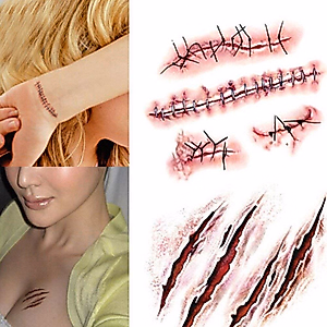 HOTOP Cosplay Makeup Joke Scratch Wound Scab Blood Scar Tattoos Temporary Tattoo Sticker Wound Zombie Scars(10pcs)