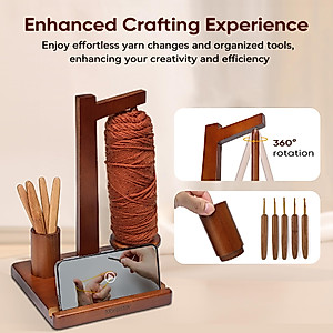 BRWISSEN Wooden Yarn Holder for Crocheting and Knitting with Phone Stand, Crochet Hook Storage, and Magnetic Yarn Ball Holder Spinner - Ideal Gift for Crochet Lovers-Walnut Color