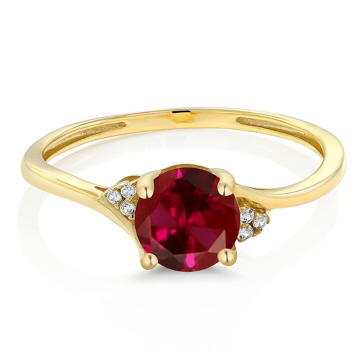 Gem Stone King 10K Yellow Gold Red Created Ruby and Diamond Accent Engagement Ring For Women (1.05 Cttw, Round 6MM, Available in size 5, 6, 7, 8, 9)