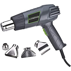 Genesis GHG1500A Dual Temperature Heat Gun Kit With Fast Heat High And Low Settings 572F/1000F, Air Reduction Nozzle, Reflector Nozzle, And Two Deflector Nozzles with 2 Year Warranty