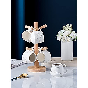 Jusalpha 7PC Deluxe Golden Marble Porcelain Coffee Mug Set with Wooden Mug Tree Holder, TCS28 (White)
