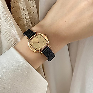 LANZOOM Candy Shape Women's Quartz Watch - Gold Square Dial, Black Tone Steel Band. Gift for Women on Holidays and Special Occasions.