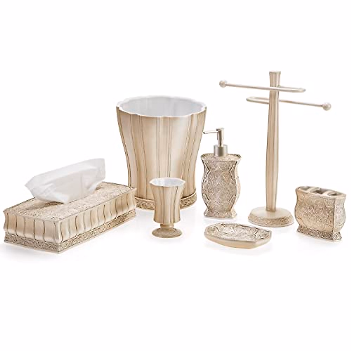 Creative Scents Beige Bathroom Accessories Set - Decorative Bathroom Accessory Set - 4 Piece Bathroom Set Features: Soap Dispenser, Toothbrush Holder, Tumbler, and Soap Dish (Victoria Collection)