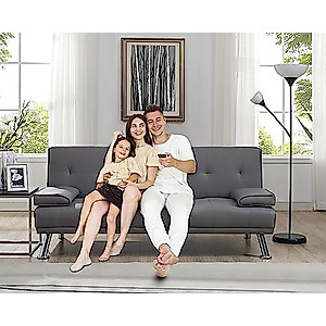 Naomi Home Futon Sofa Bed, Faux Leather Futon Couch with Armrest and 2 Cupholders, Pull Out Sofa Bed Couch Convertible with Metal Legs, Folding, Reclining Couch Bed, Futon Bed for Living Room - Gray